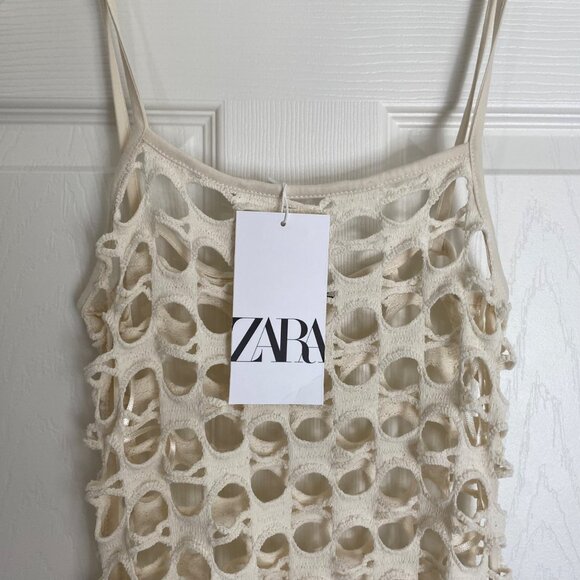 Zara | Dresses | Zara Cream Open Knit Swim Coverup Dress With Spaghetti ...